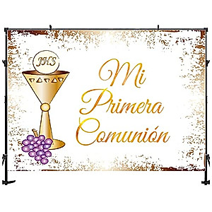 Holy Communion Party Backdrop Photograph Mi Primera Comunion Purple Grapes Background God Bless Decor Prop Photozone Photo Studio Banner Vinyl (7ft×5ft)
