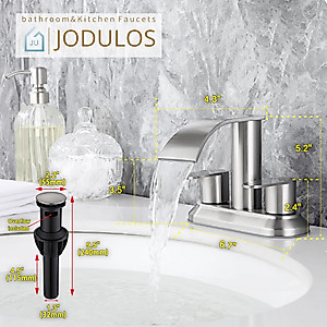 Jodulos 4 inch Centerset 3 Hole Bathroom Faucets Brushed Nickel, Center Set Faucet with cUPC Supply Lines, 2 Handle Waterfall Bathroom Sink Faucet with Pop Up Drain Stopper JU-DE-201-BN
