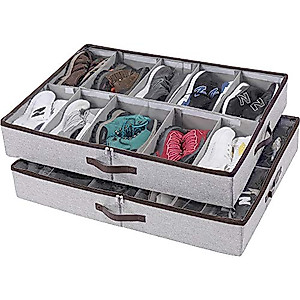 HOONEX Under Bed Shoe Storage Organizer with Adjustable Dividers, Shoe Holder with Leather Handles, 2 Pack, Store 24 Pairs, Grey