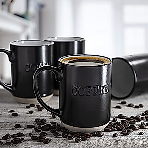 Sheffield Home Set of Stoneware Coffee Mugs- 4 Printed Coffee Cups, Tea Cups, Latte Mugs 16 oz (Black)