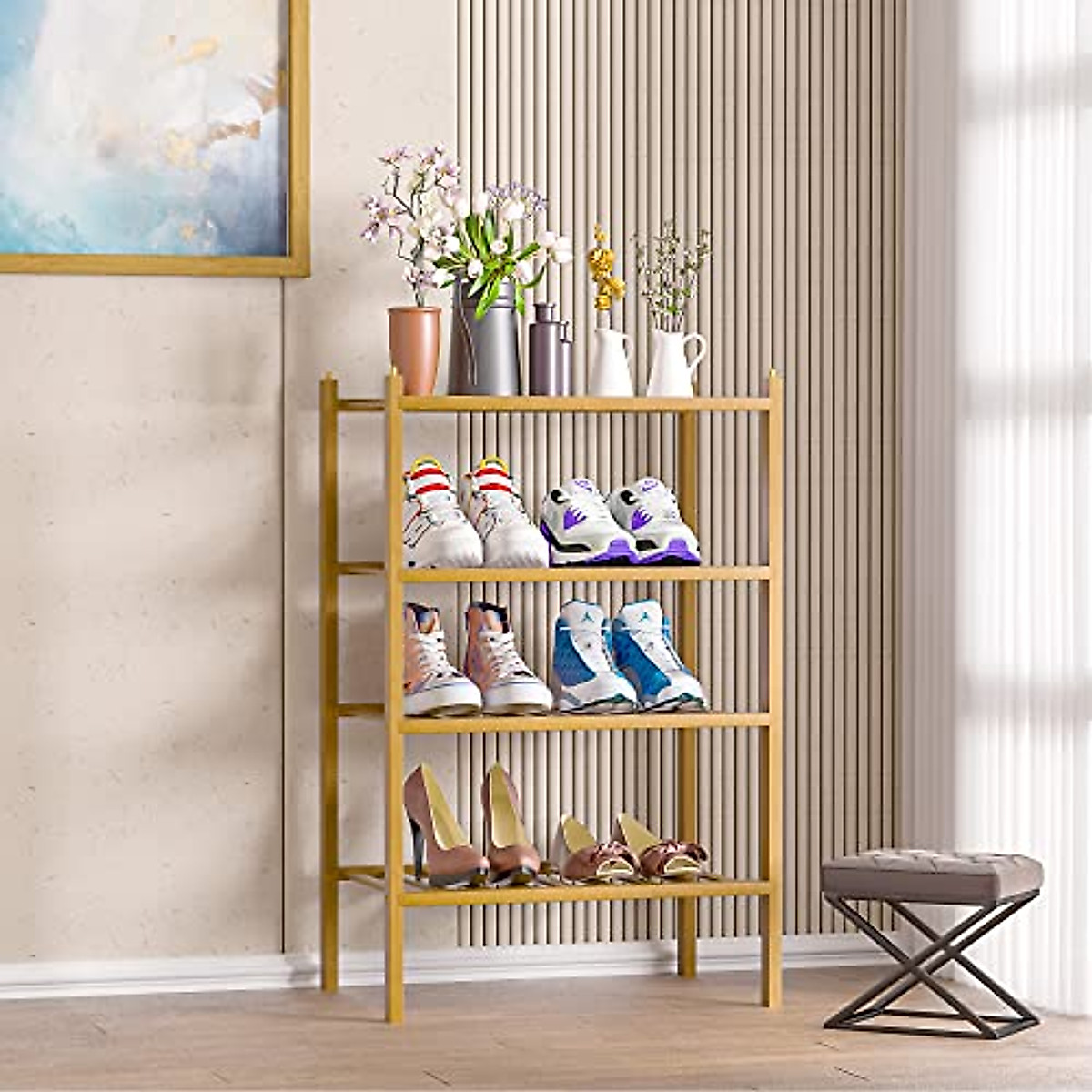 OYREL 4 Tier ,100% Natural Bamboo Wooden ,Stackable ,Narrow Shoe Rack Organizer,Entryway Shoe Rack,Small Shoe Rack Wood, for Closets,Shoe Stand