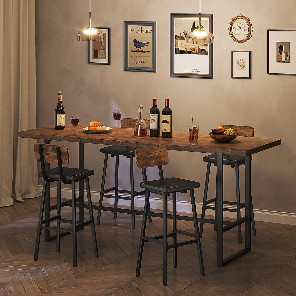 HOOBRO Bar Stools, Bar stools Set of 2 PU Upholstered Tall Bar Chairs, Barstools with Backrest and Footrests, for Kitchen, Dining Room,Bar, Cafe, Rustic Brown and Black BF84BY01