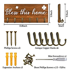 AHYS Key Holder Wall Mount Rustic Bless This Home Wall Decor Key Holder for Wall Key Hanger Key Rack with 6 Key Hooks Wall Key Holder for Entryway Living Room Bedroom - Brown