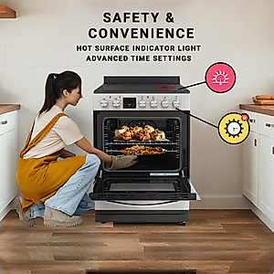 Equator Stainless Steel Electric Stove with Convection Oven, Air Fryer & Ceramic Cooktop 24-Inch, 4 Burners - Kitchen Cooking Range (SS)