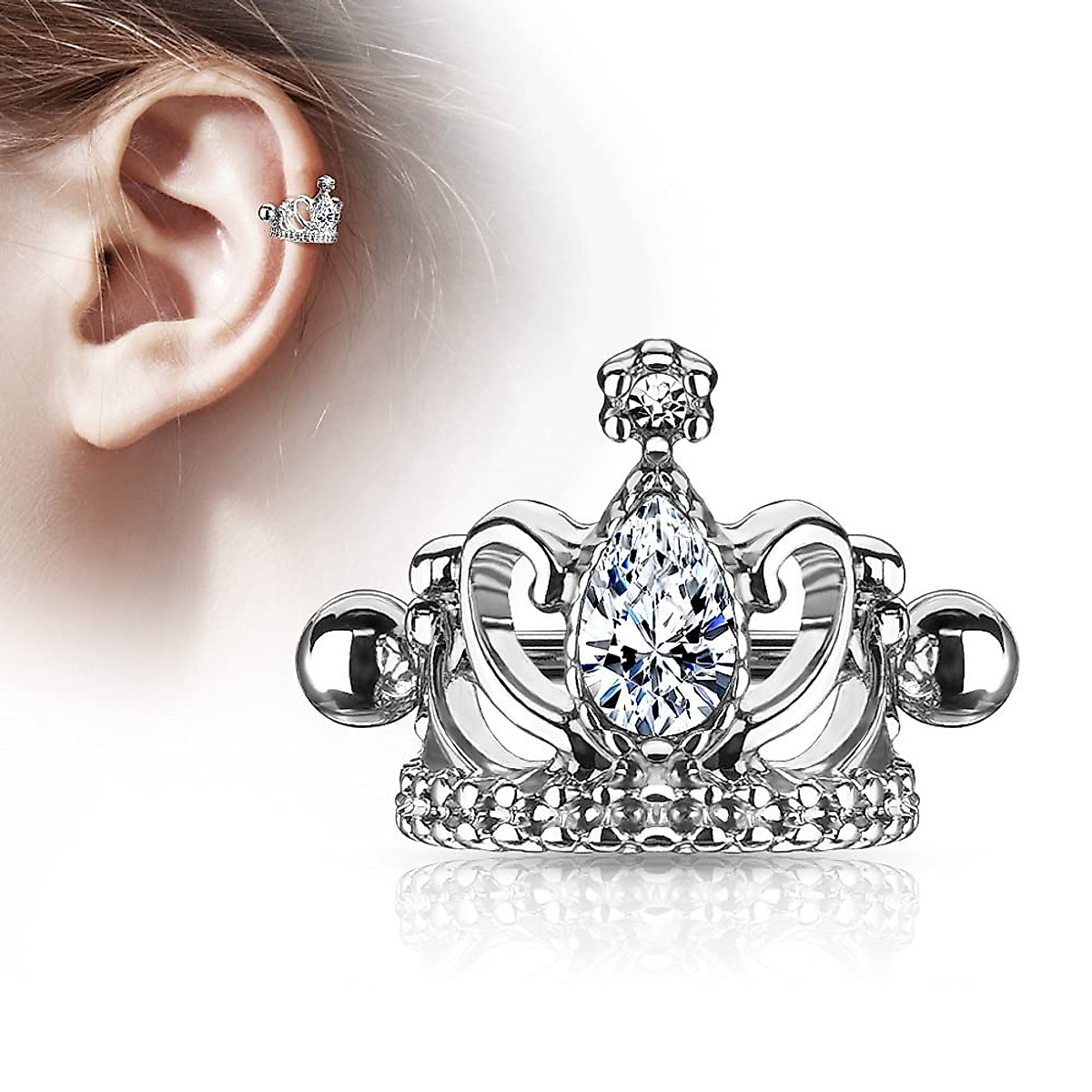 16GA Stainless Steel Tear Drop CZ Crystal Tiara Cartilage Helix Cuff Earring (Silver Tone)