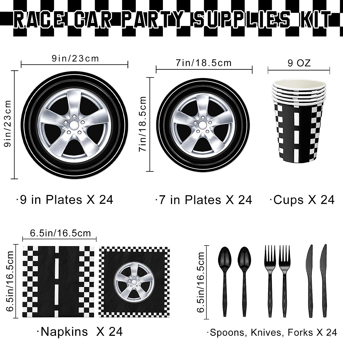 QIYANPAX 168 PCS Race Car Birthday Party Decorations Cars Birthday Party Supplies Includes Plates, Napkins, Cups, Cutlery for Kids Boys Birthday Party Decorations, Serves 24