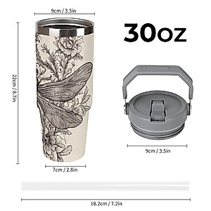 30oz Stainless Steel Insulated Tumbler with Flip Lid & Straw, Leakproof Travel Mug for Car, Hand Drawn Floral Dragonfly Double Wall Vacuum Thermal Coffee Cup with Handle, Spill-Proof Design for Hot/Co