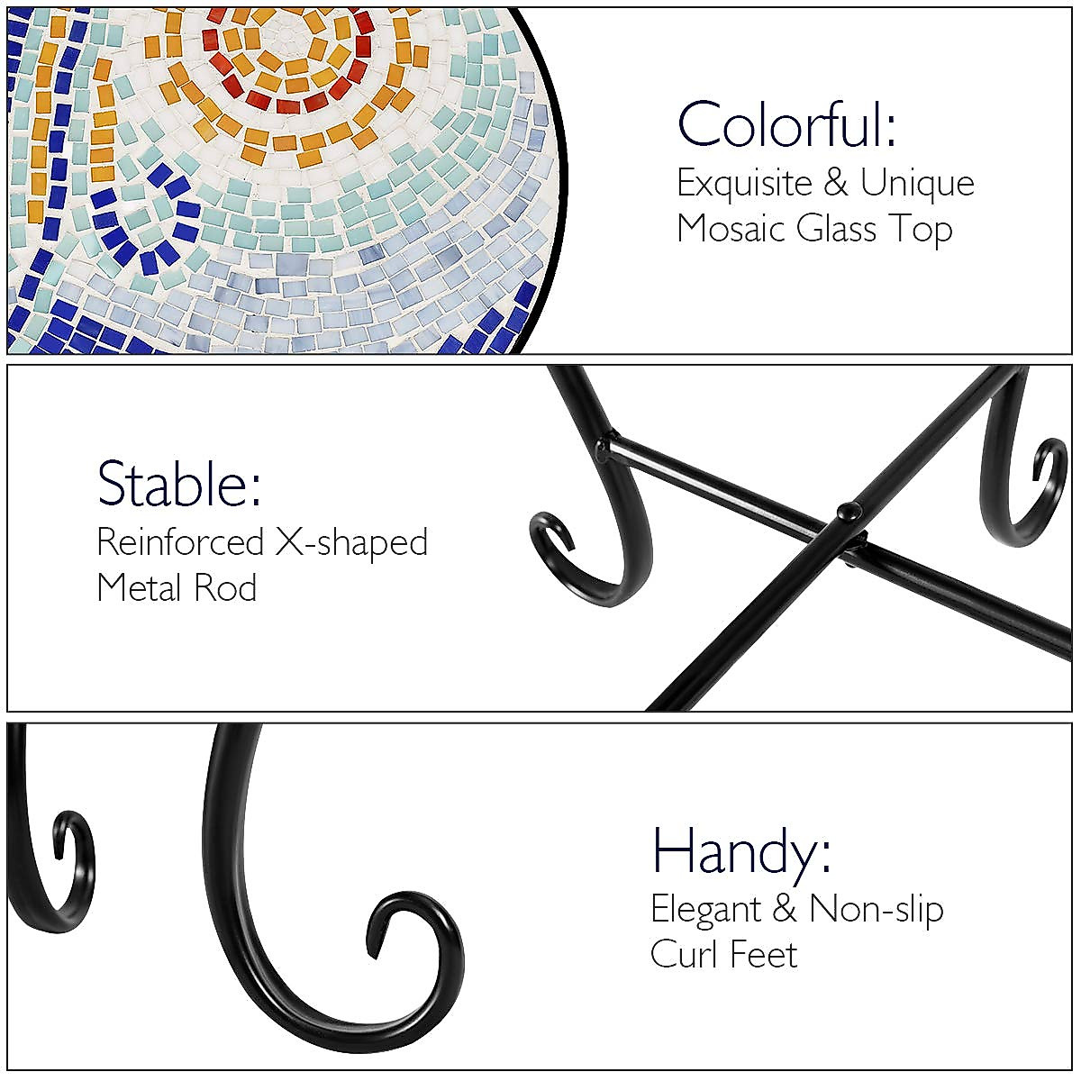 RELAX4LIFE Side Table Outdoor Mosaic Round 14 Inch W/Glass Table Top and Steel Fram for Patio, Lawn, Garden, Balcony and Home, Small End Table (Navy)