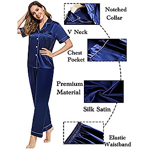SWOMOG Women Satin Silk Pjs Sets Short Sleeve Top & Pants Soft Loose Loungewear Matching Couple Pajamas Sets Navy Blue