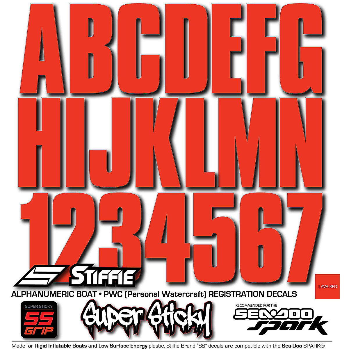 STIFFIE Uniline Lava SUPER STICKY 3" Alpha Numeric Registration Identification Numbers Stickers Decals for Sea-Doo SPARK TRIXX, Inflatable Boats, RIBs, Hypalon/PVC, PWC and Boats.