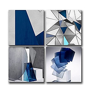 Oilpa Art Blue Abstract Wall Art Blue and White for Living Room Decor 12x12 Modern Gray Abstract 3D Geometric Canvas Print Picture Framed Artwork Bathroom Bedroom Home Decor 4 Pieces