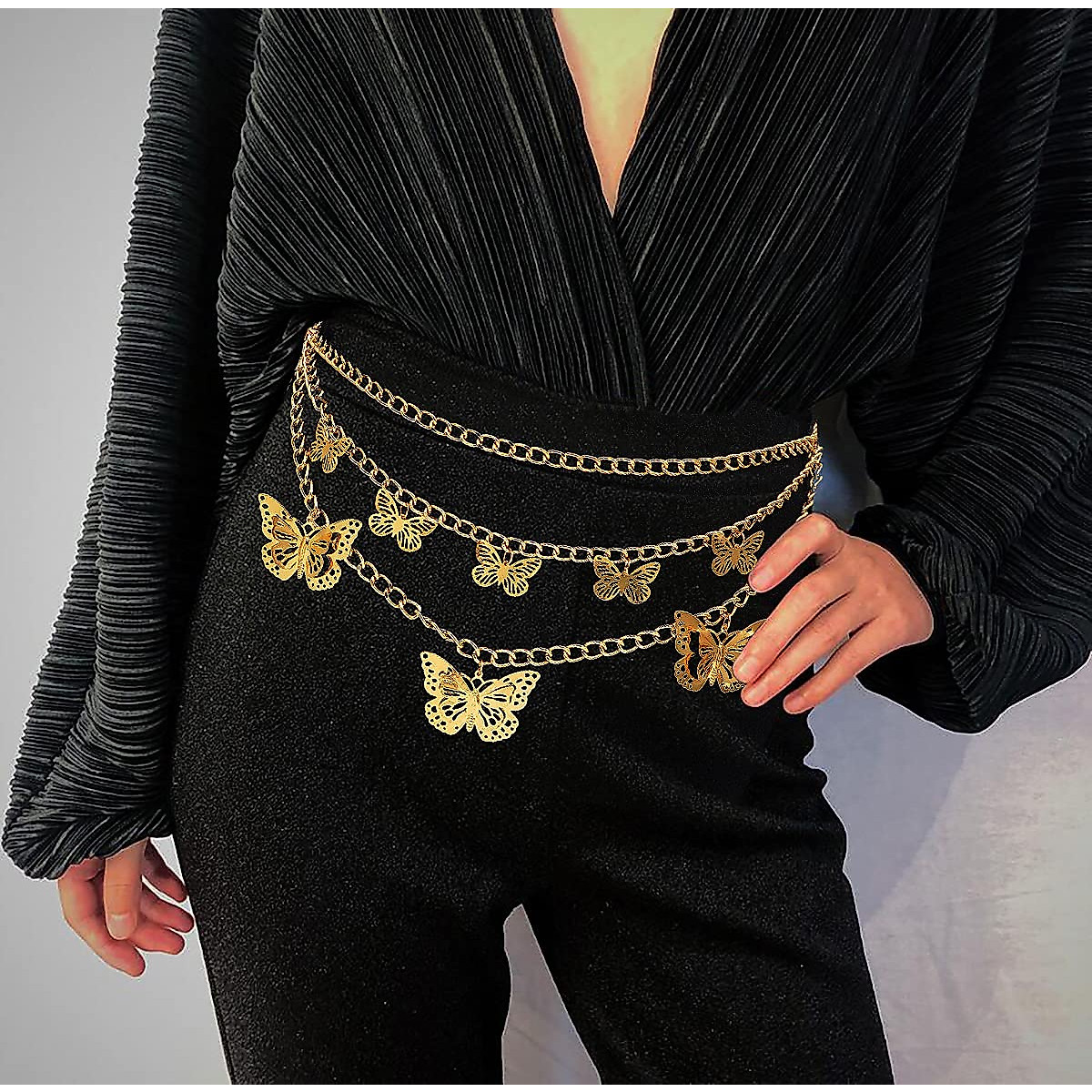 Glamorstar Chain Belts Multilayer Waist Chain Adjustable Waist Belt for Women Girls Butterfly Gold 130cm/51.2IN