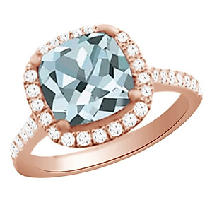 AFFY 3.4 cttw Simulated Blue Aquamarine & White Natural Diamond Halo Engagement Wedding Ring in 14 Rose Gold with, Ring Size 13