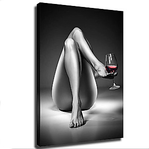 Canvas Wall Art Beauty Woman Wine Glass Painting Black White Beautiful Girl Pictures Modern Abstract Posters Prints Artwork Home Decor for Living Room Bedroom Bathroom (12×18inch-No Framed)