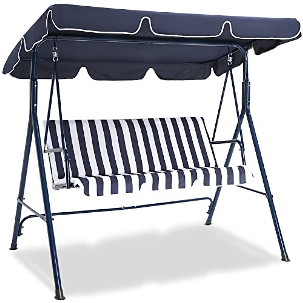 SUPERJARE Porch Swing with Adjustable Height Chain, 70’’ Convertiable Canopy Outdoor Swing, 3 Person Patio Swing, Outside Swing Chair for Yard, Garden, Poolside - Blue and White