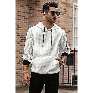 JMIERR Hoodies for Men Pullover Casual Plaid Jacquard Drawstring Long Sleeve Hooded Waffle Knit Sweatshirts, US 40(M), White