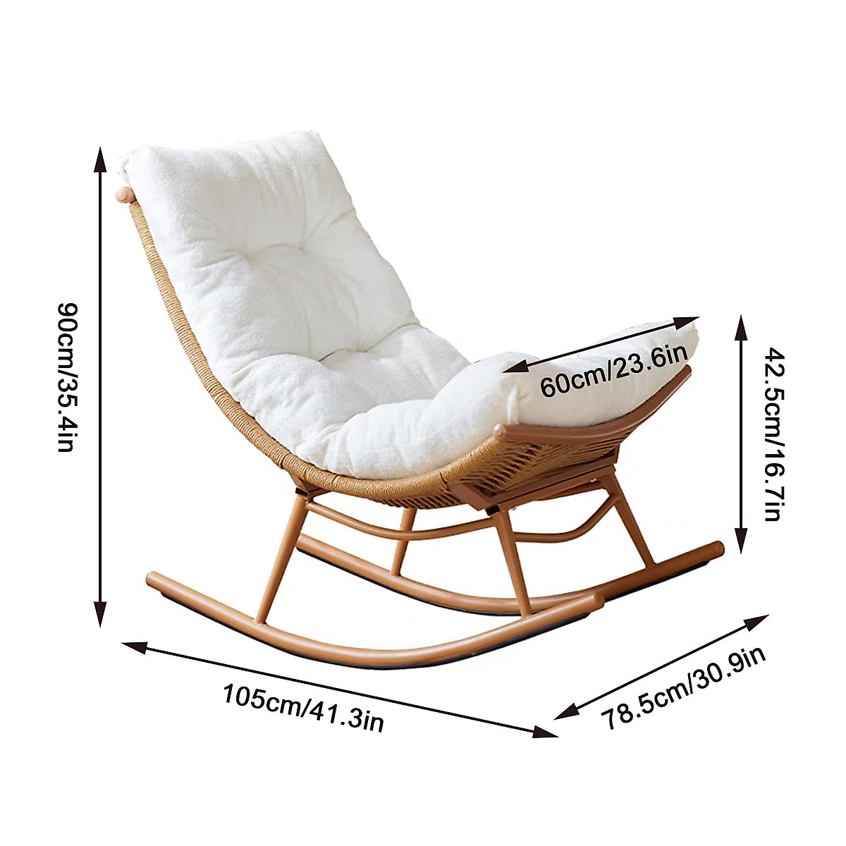 NRNQMTFZ Upholstered High-Back Glider Chair,Patio Rattan Rocker Chair with Cushions & Steel Frame, All-Weather Rocking Lawn Wicker Furniture for Garden Backyard Porch(White)