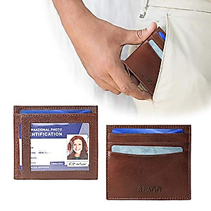 REAGO Handcrafted Front Pocket Small Slim RFID Crumpled Leather Wallet for Men Women, Credit Card Holder, Strong Stitching, Slip Pocket, ID Window, Minimalist Design, Chemical Free, Ideal Gift