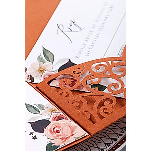 PONATIA 20 PCS Laser Cut Invitations Pockets, Terracotta Wedding Invitations with Envelopes for Wedding Party Bridal Shower Engagement Birthday Invite,Autumn Wedding Invitations