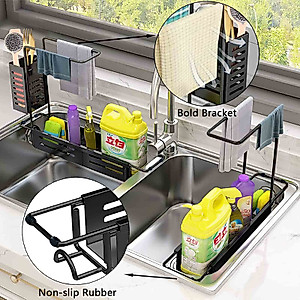 Telescopic Sink Storage Rack, Chopstick Holder, Rustproof Adjustable Kitchen Bath Organizers, for Kitchen Sponge, Sink Plug, Brush, Rag,Black