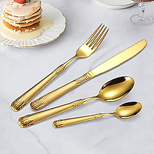 Silverware set Service for 8 Flatware Gold Hammered Handle Retro Golden Relief Plating Cutlery 18/10 Stainless Steel Kitchen,Home,Restaurant,Small Business 32piece