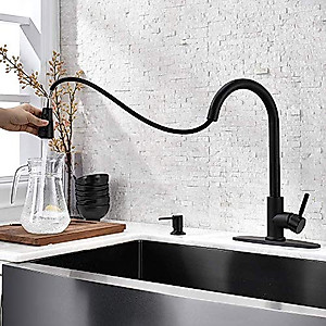 Hovheir Matte Black Kitchen Faucet with Soap Dispenser, Single Handle Pull Down Kitchen Faucet, High Arch Single Handle Stainless Steel Pull Out Sprayer Kitchen Sink Faucet