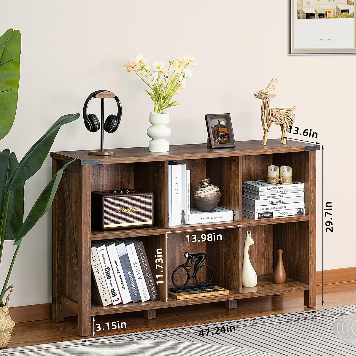 Joaxswe Farmhouse 6 Cube Book Shelf, Wood 3 Tier Storage Organizer Bookshelf, Brown Walnut 47" Horizontal Cubby Bookcase with Legs, Rustic Entryway Book Case, Long Display Cabinet for Bedroom, Office