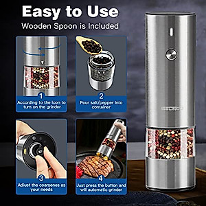 Rechargeable Electric Salt and Pepper Grinder Set - Stainless Steel, with USB Type-C Cable, LED Lights, Automatic Modern Electric Pepper Mill, 2 Adjustable Coarseness Mills, One Hand Operation