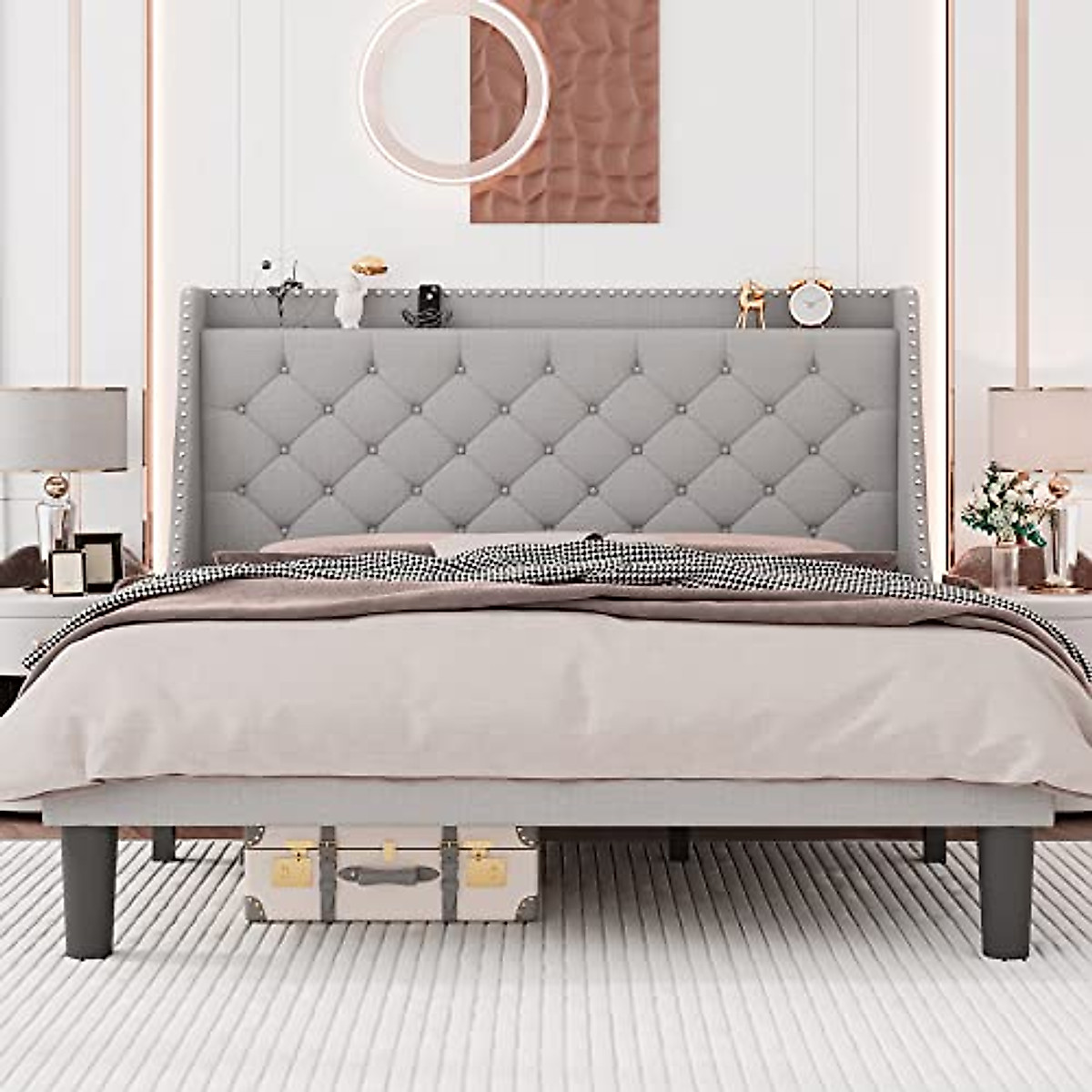 Feonase King Size Bed Frame with Deluxe Wingback Headboard, Upholstered Platform Bed Frame with Diamond Tufting & Storage Shelf, Wood Slats, Easy Assembly, Noise-Free, No Box Spring Needed, Light Gray