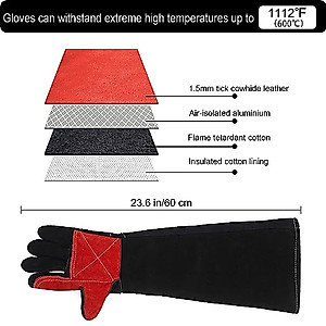 MOUTCLMB Long Welding Gloves 23.6 Inches 932℉,Heat/Fire Resistant Leather For Mig, Tig, Stick, Forge, BBQ, Grill, Fireplace, Wood Stove, Furnace, Oven-Black