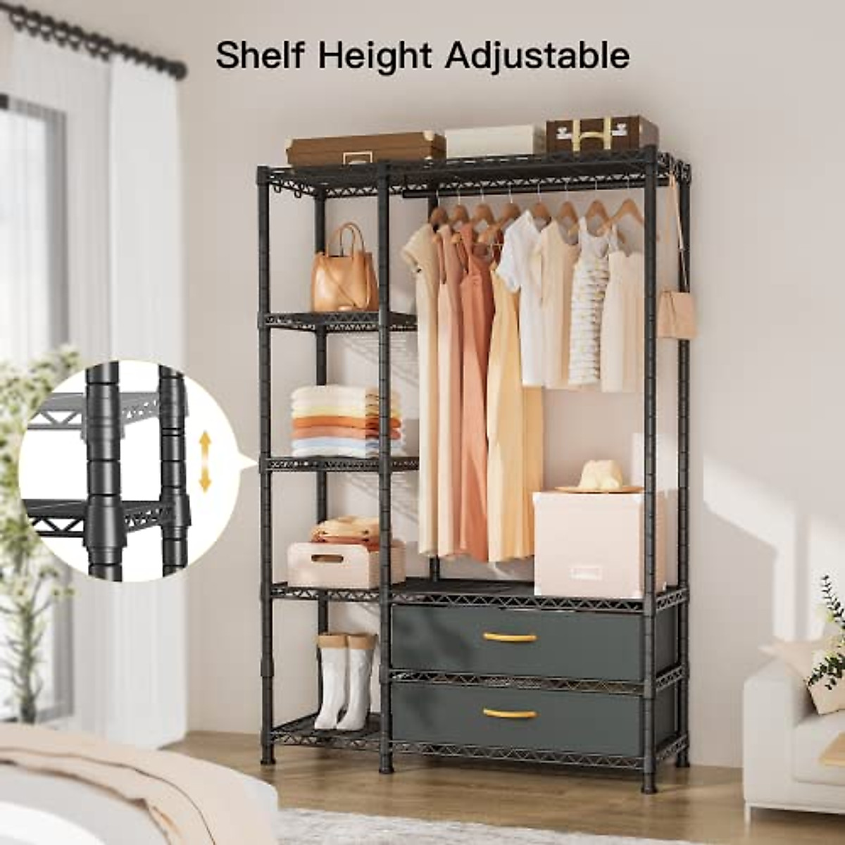 Ulif F3 Freestanding Closet Garment Rack, 5 Tiers Adjustable Heavy Duty Clothes Organizer Storage with 2 Fabric Drawers, Suitable for Bedroom, Apartment, and Cloakroom, 39.4"W x 14.5"D x 71.2"H, Black