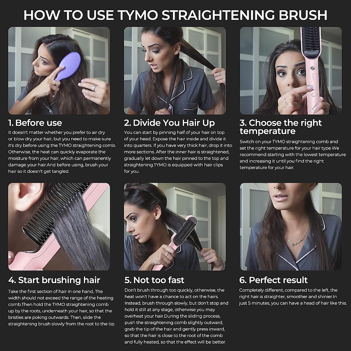 TYMO Ring Pink Hair Straightener Brush – Hair Straightening Iron with Built-in Comb, 20s Fast Heating & 5 Temp Settings & Anti-Scald, Perfect for Professional Salon at Home