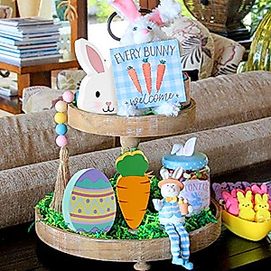 Huray Rayho Easter Wood Blocks Spring Tabletop Decoration Happy Easter Tiered Tray Decor Farmhouse Bunny Chick Carrot Egg Mini Wooden Signs