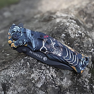 KEENSUN Pocket Folding Knife –Tactical Knife,Hunting Knife,Flipper Knife,EDC Knife.Speed Safe Spring Assisted Opening Knifes with Liner Lock,Thumb stud and Pocketclip.Good for Camping,Hiking,Indoor and Outdoor Activities,Skeleton King 3D Printing patterns