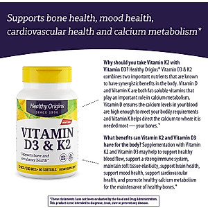 Healthy Origins Vitamin D3 & K2 - Vitamin D3, 50 mcg - Vitamin K2, 200 mcg - Easily Absorbable Vitamin D & Vitamin K Supplements - Non-GMO & Gluten-Free Supplements - 180 Softgels