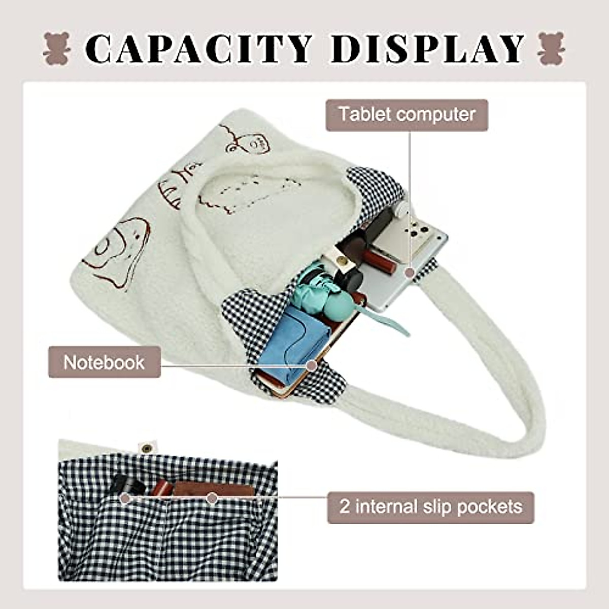 Freie Liebe Cute Bags for Women Tote Bag Aesthetic Girls Fluffy Teddy Bear Purse Plush Shoulder Hobo Handbags