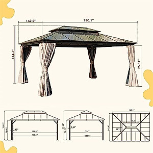 UBGO 12x16ft Outdoor Gazebo,Permanent Hardtop Gazebo with Curtain and Net,Aluminum Gazebo Pavilion with Polycarbonate Double Roof,for Garden, Patio, Lawns, Deck, Backyard, Wood Looking-Brown
