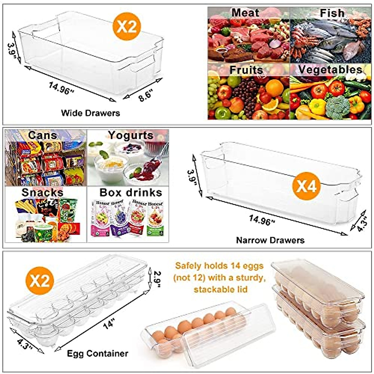 Set of 18 Fridge Organizer (16 Organizers and 2 Egg Containers) Stackable Pantry Organizers for Kitchen, Pantry, Cabinets, Drawers and Freezers