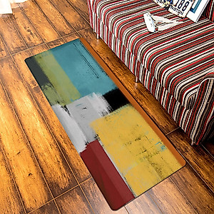 Teal Green Antifatigue Kitchen Bath Door Mat Cushioned Runner Rug,Washable Welcome Floor Sink Mat,Abstract Geometric Orange Red Black White Painting Art Waterproof Comfort Standing Doormat,18"x47"