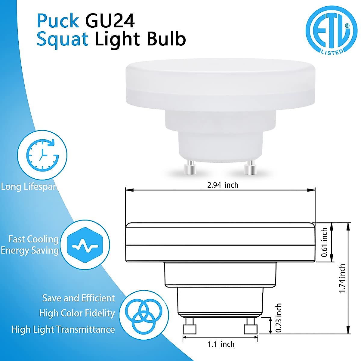 DAILY HIOO GU24 LED Light Bulb, Ultra Mini Squat GU24 Puck Lights, 10W(75W Equivalent), Dimmable, 1100LM, 5000K, ETL Listed, Low Profile Mls13gus Replace. (1, 5000K)