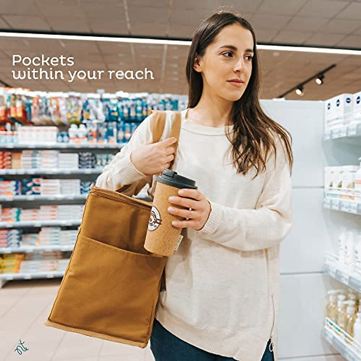 Reusable Insulated Grocery Bag - Leak Proof, Large Insulated Cooler Bag - Insulated Shopping Bags for Groceries - Travel Cooler Bag for Frozen and Hot Food with Zippered Top - Beach, Picnic (Caramel)