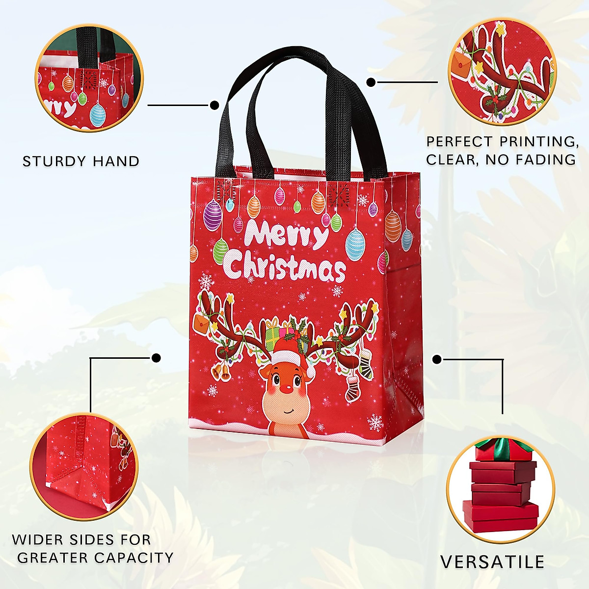 yingzi 12PCS Christmas Gift Bag, Christmas Tote Bag Reusable, Candy Bag, Multi-Functional Non-Woven Christmas Bag Gift Packaging Shopping, Christmas Party Supplies, 7.8"×4"×10.2"