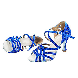 DKZSYIM Women's Satin Latin Dance Shoes Rhinestone Ballroom Salsa Performance Practice Dancing Shoes,L356-Blue-7.5,US 10