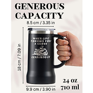 Onebttl Motorcycle Gifts for Men, When Life Throws You a Curve, Lean into it, Stainless Steel Beer Stein Tumbler, 24oz Beer Mug with Lid