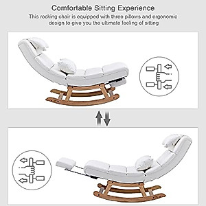 NIOIIKIT Modern Rocking Lounge Chair, Upholstered Glider Chair for Nursery, Accent Rocker Chair with Large Back & Pull Out Pedal, Lie or Sleep Lazy Chair for Living Room, Bedroom, Balcony (White PU)