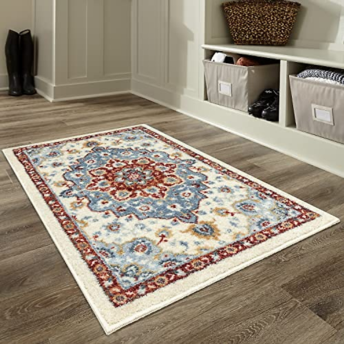 Maples Rugs Stina Vintage Medallion Kitchen Rugs Non Skid Accent Area Carpet [Made in USA], Blue/Red, 2'6" x 3'10"