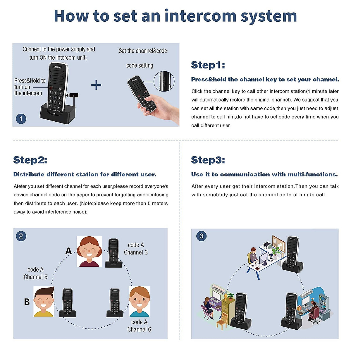 Chtoocy Rechargeable Intercoms Wireless Handheld for Home 1 Mile Range 10 Channel, Chtoocy Rechargeable Wireless Intercom System for Home Business Office, Family Communication System (3 Packs, Black)