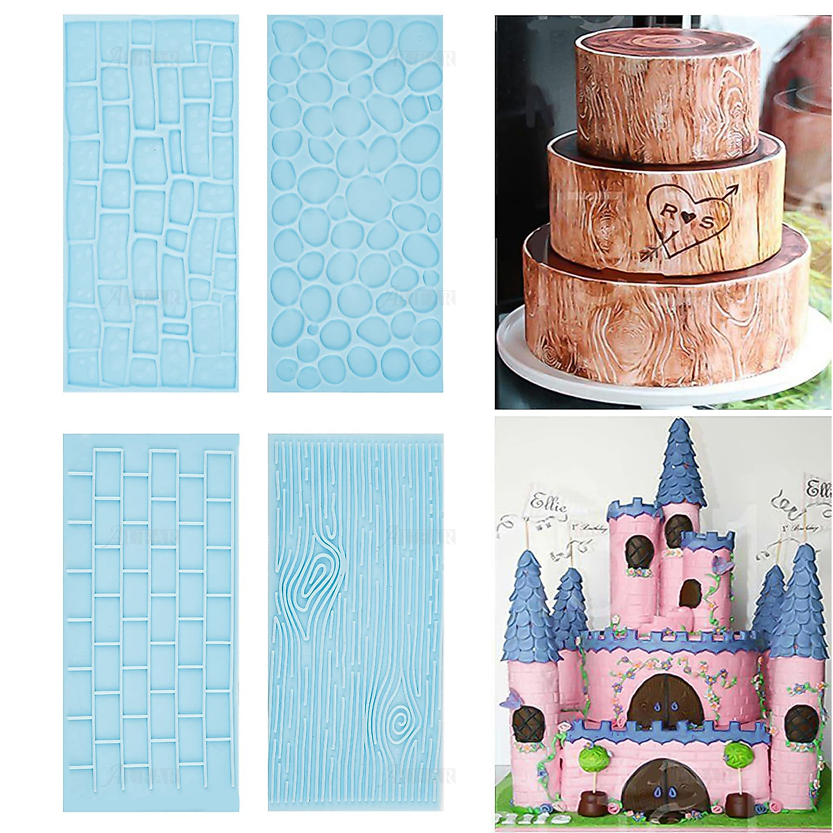 AUEAR, 6 Pack Fondant Impression Mat Mold Set Brick Wall Flower Cobblestone Embossed Tree Bark Stone Wall Texture Design for Cupcake Biscuits Top Edging Decoration