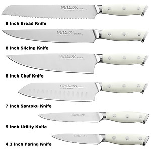 grilljoy 17PCS Premium Knife Set With In-drawer Knife Block, High Carbon Stainless Steel Cutlery Knife Block Set, Versatile Chef Knife Set for Daily Kitchen Use, White