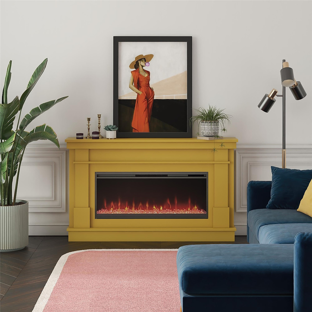 Novogratz Waverly Wide Mantel with Linear Electric Fireplace & Crystal Ember Bed, Mustard Yellow